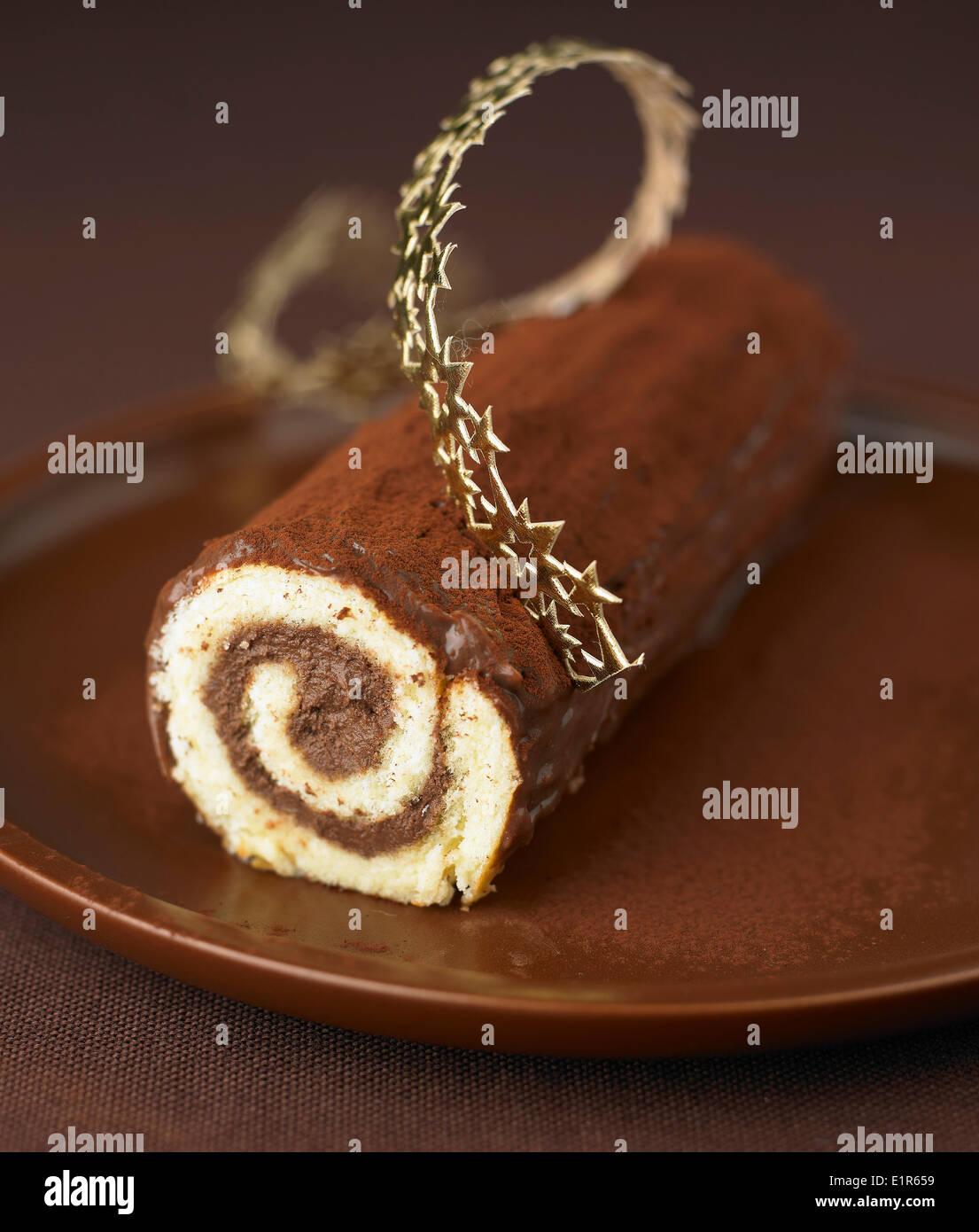 Chocolate rolled log cake Stock Photo - Alamy