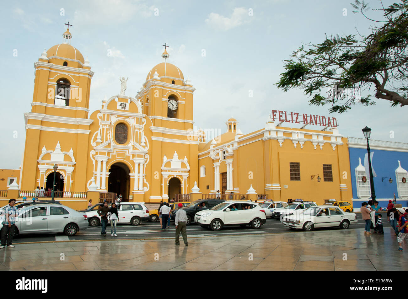 Cathedral in the main square of the busy colonial city of Trujillo ...