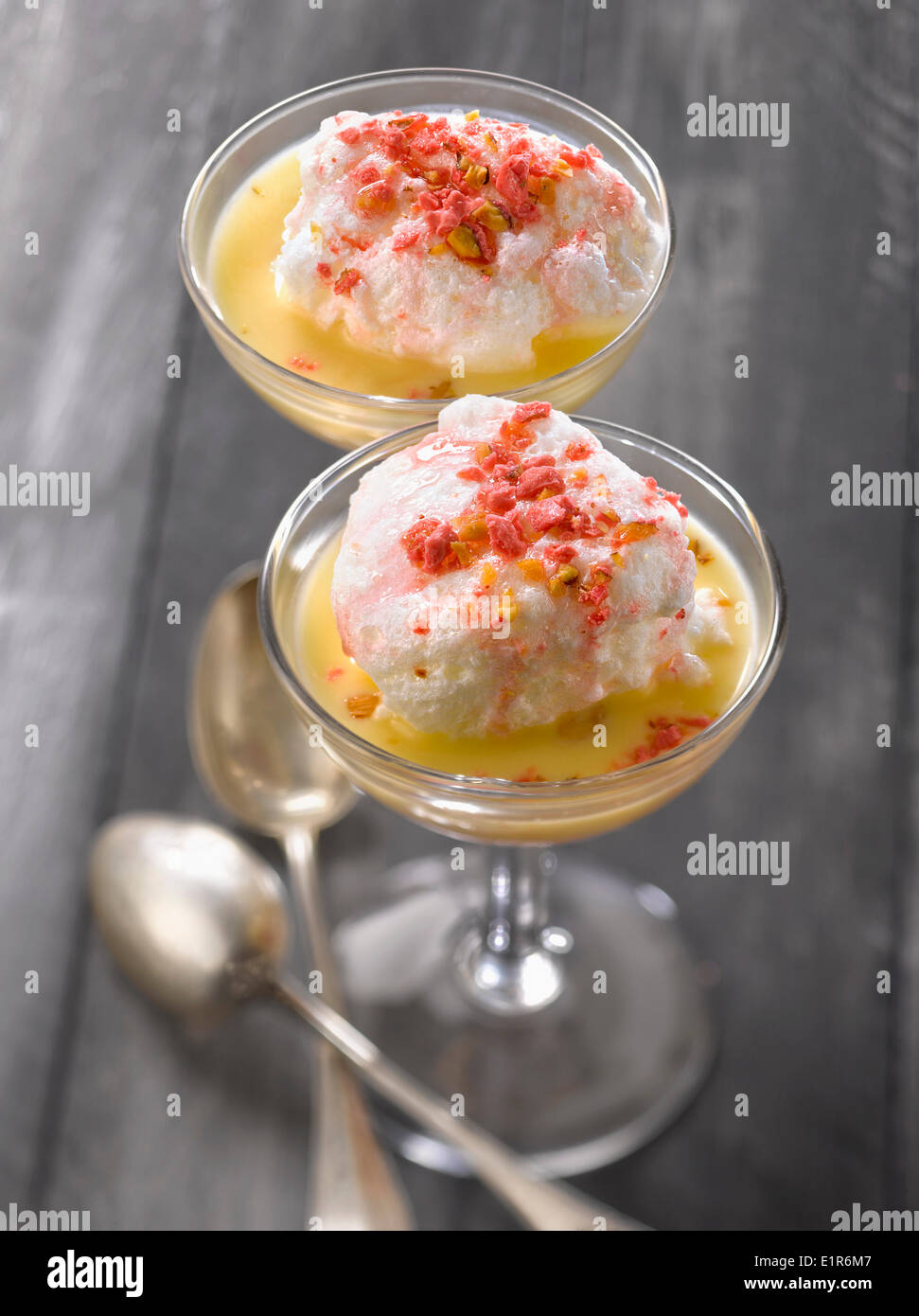 Floating islands with pink pralines Stock Photo - Alamy