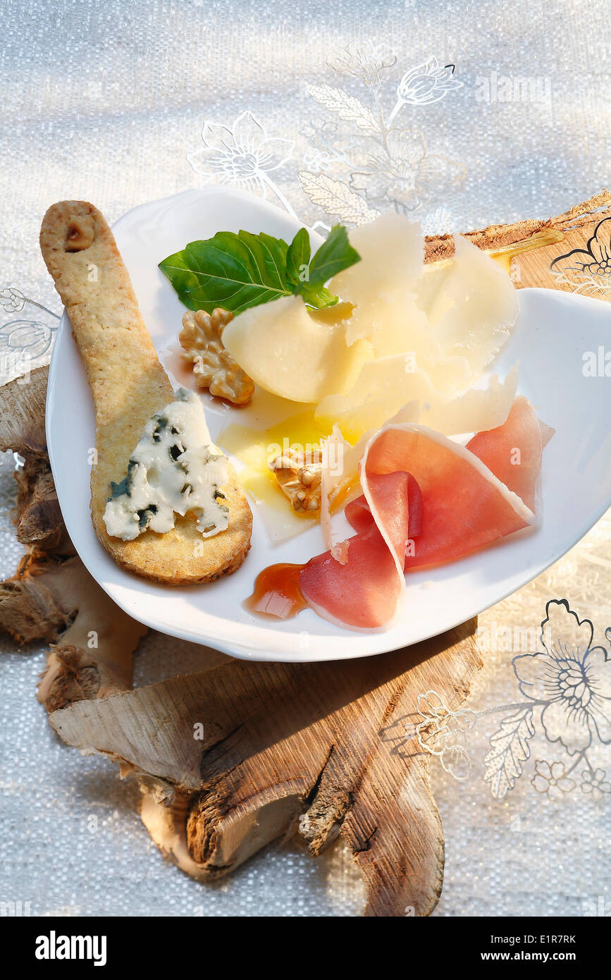 Plate of parmesan, roquefort,Parma ham and pear Stock Photo - Alamy