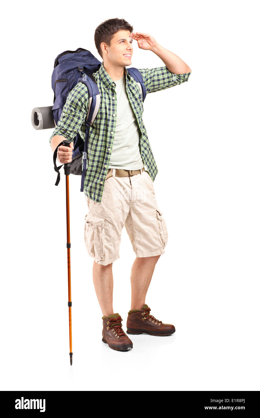 Full length portrait of a young hiker looking in the distance Stock ...