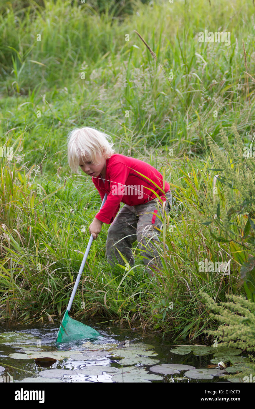 Boy tries to catch fish in a ditch, with a net Stock Photo - Alamy