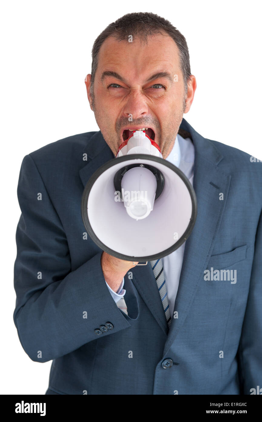 Man yelling through bullhorn hi-res stock photography and images - Alamy
