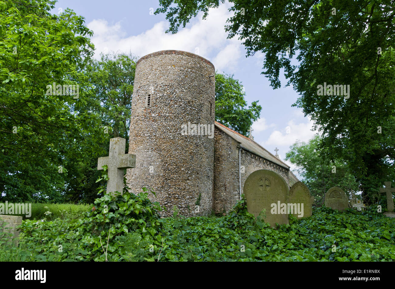 Exterior shot of All Saints Church, Barmer, Norfolk; a round tower ...