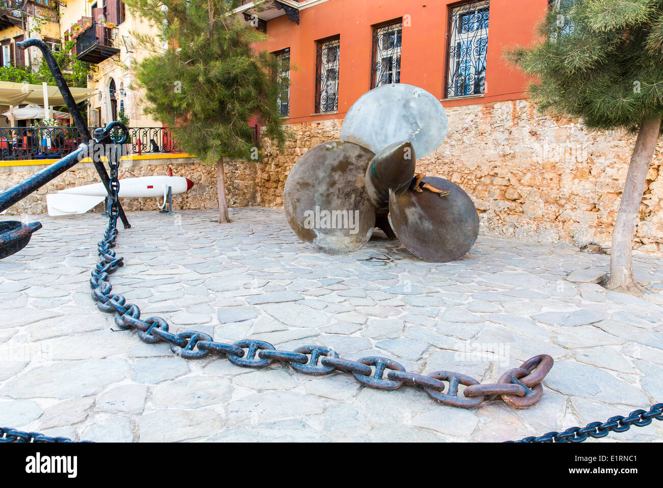 Armature and anchor Greece, Chania, Crete.Traditional pictorial street ...