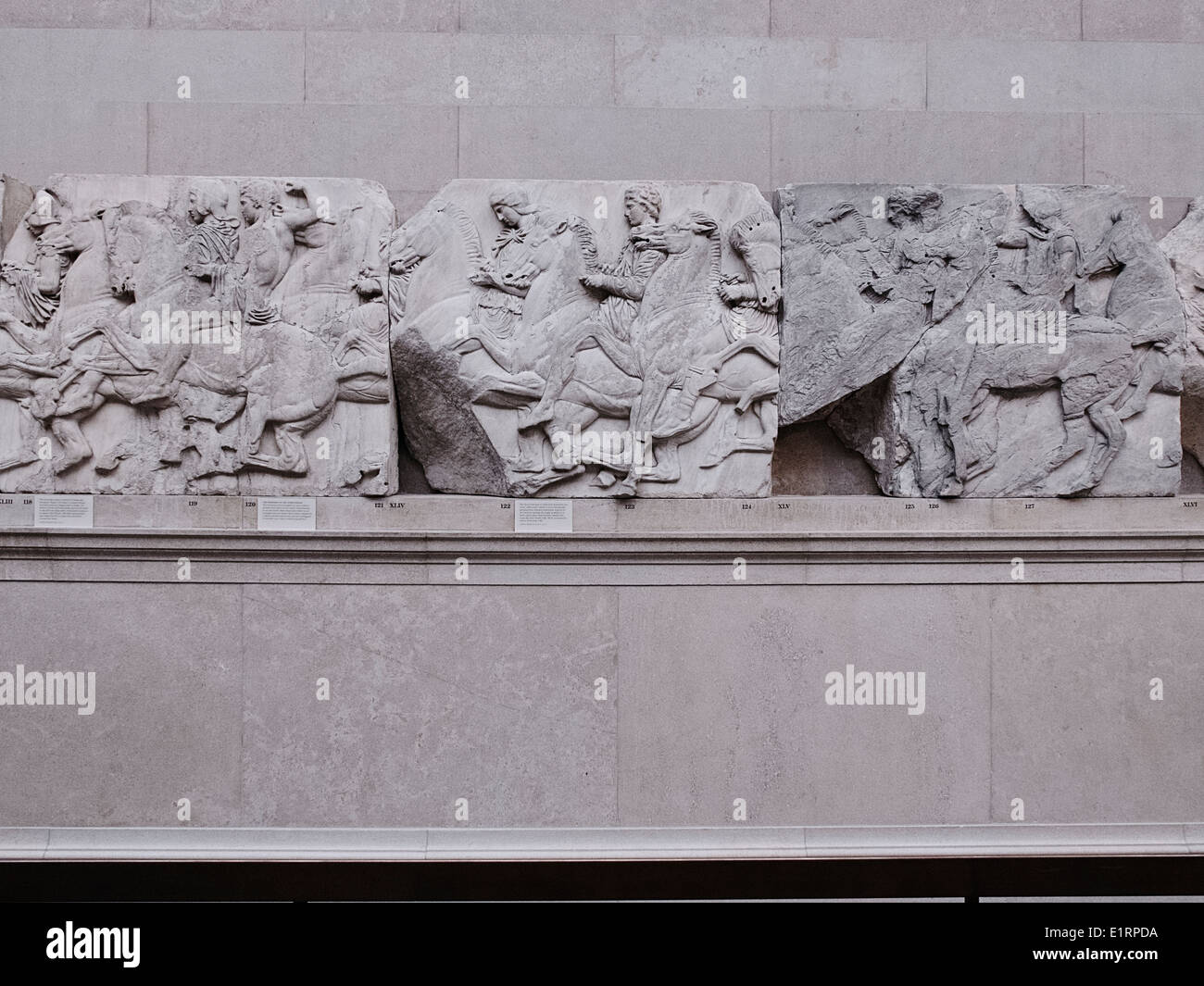 View of the Parthenon Marbles or Elgin Marbles inside the British Museum in London, United ...