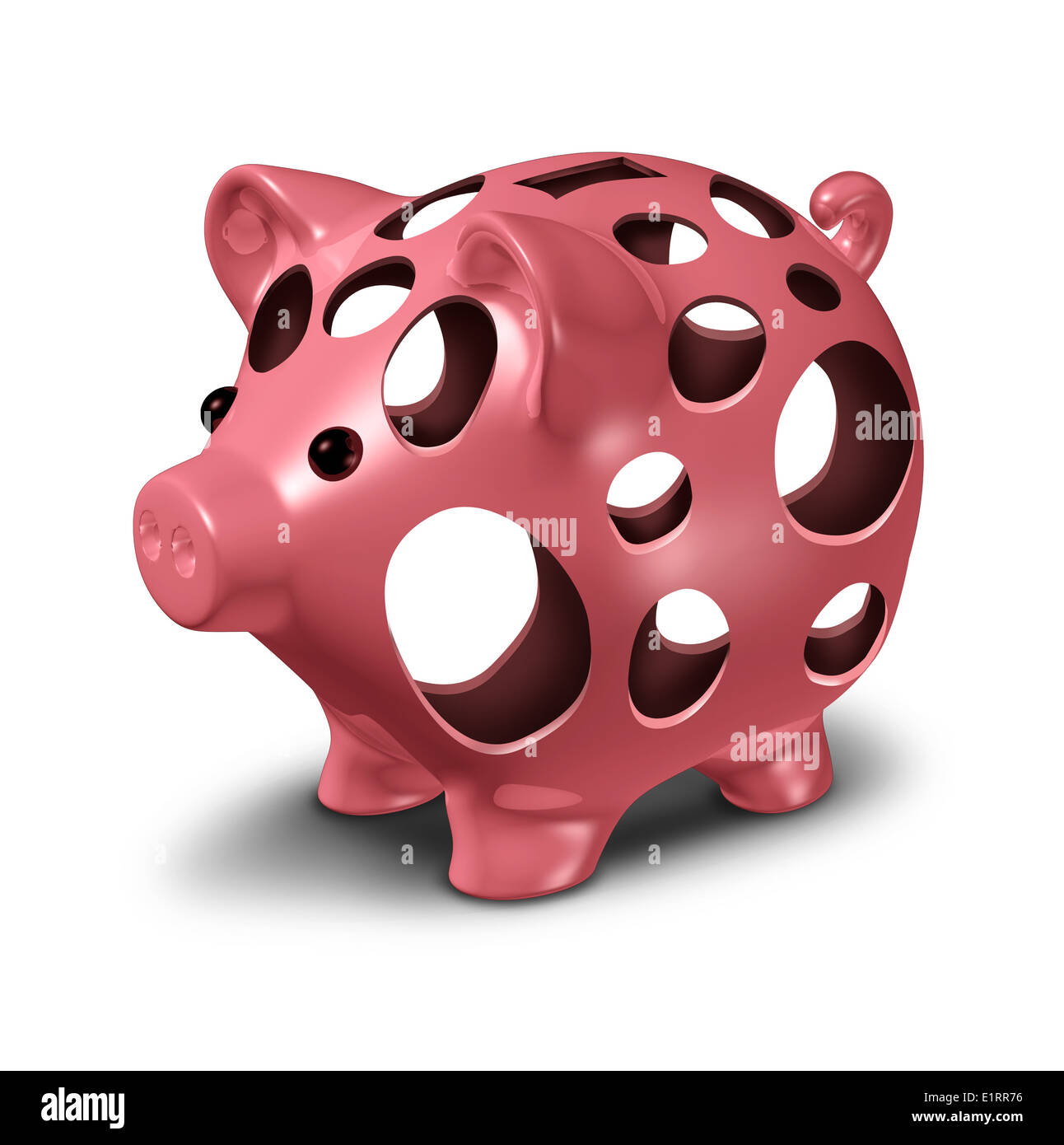 Financial hole concept as a ceramic pink piggy bank with empty holes as ...