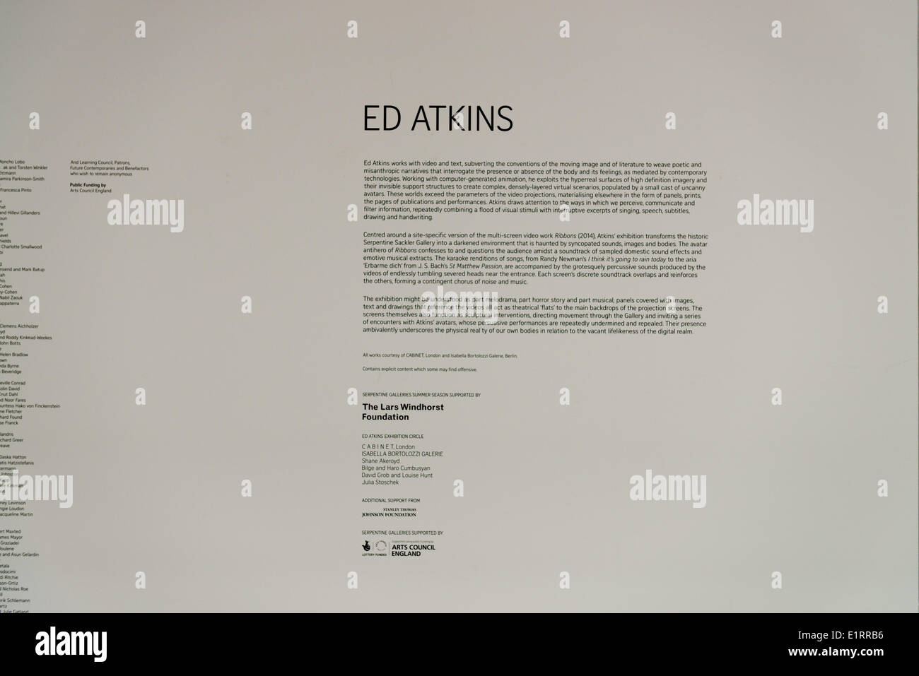 Ed Atkins 'Ribbons' exhibition at Serpentine Sackler Gallery Stock ...