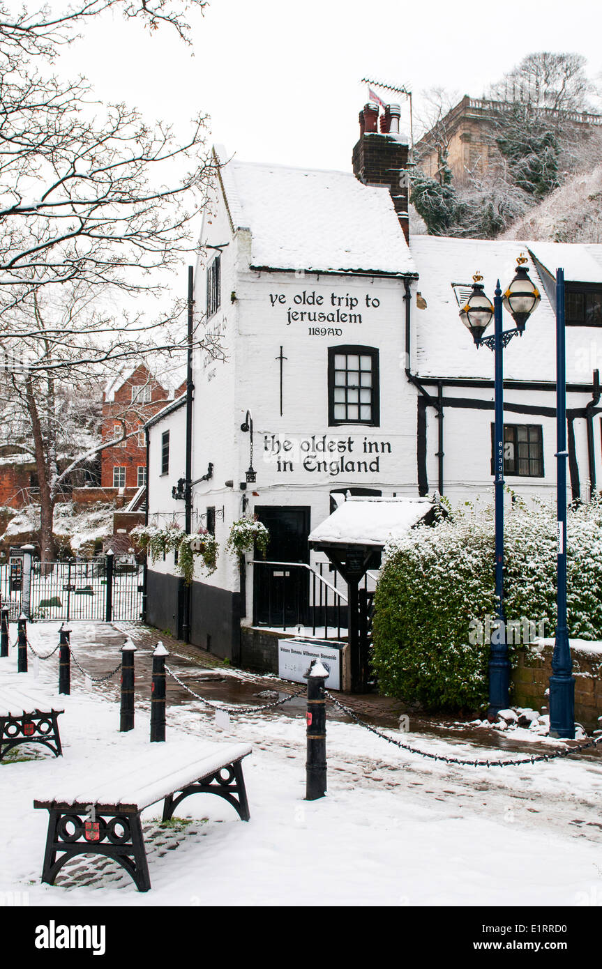 Snow at the historic Trip to Jerusalem Pub in Nottingham City ...