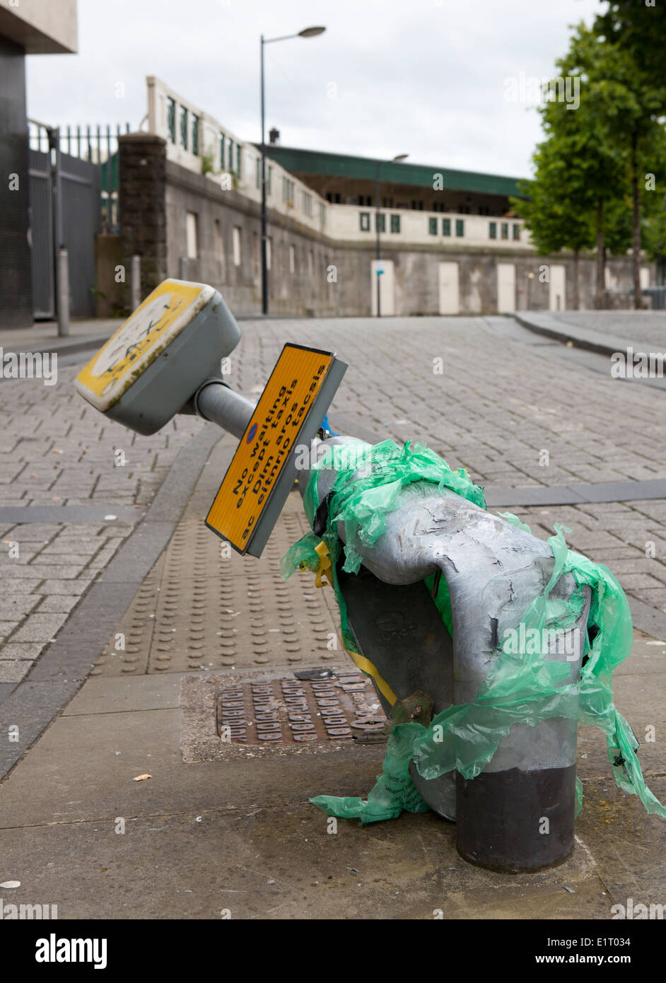 Damaged street furniture in Manchester after traffic accident, UK Stock ...