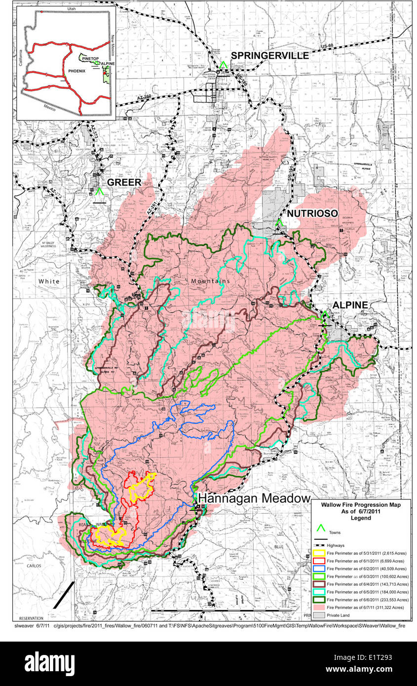 A progression map showing the spread of the Wallow Fire as of June 7 ...