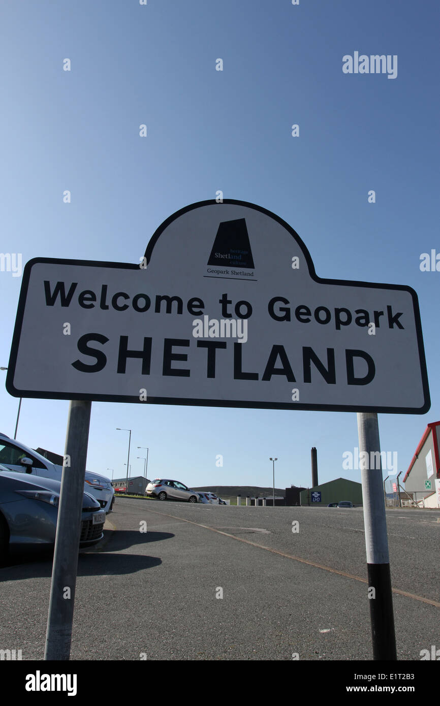 Welcome to Geopark Shetland sign Lerwick Scotland June 2014 Stock Photo ...