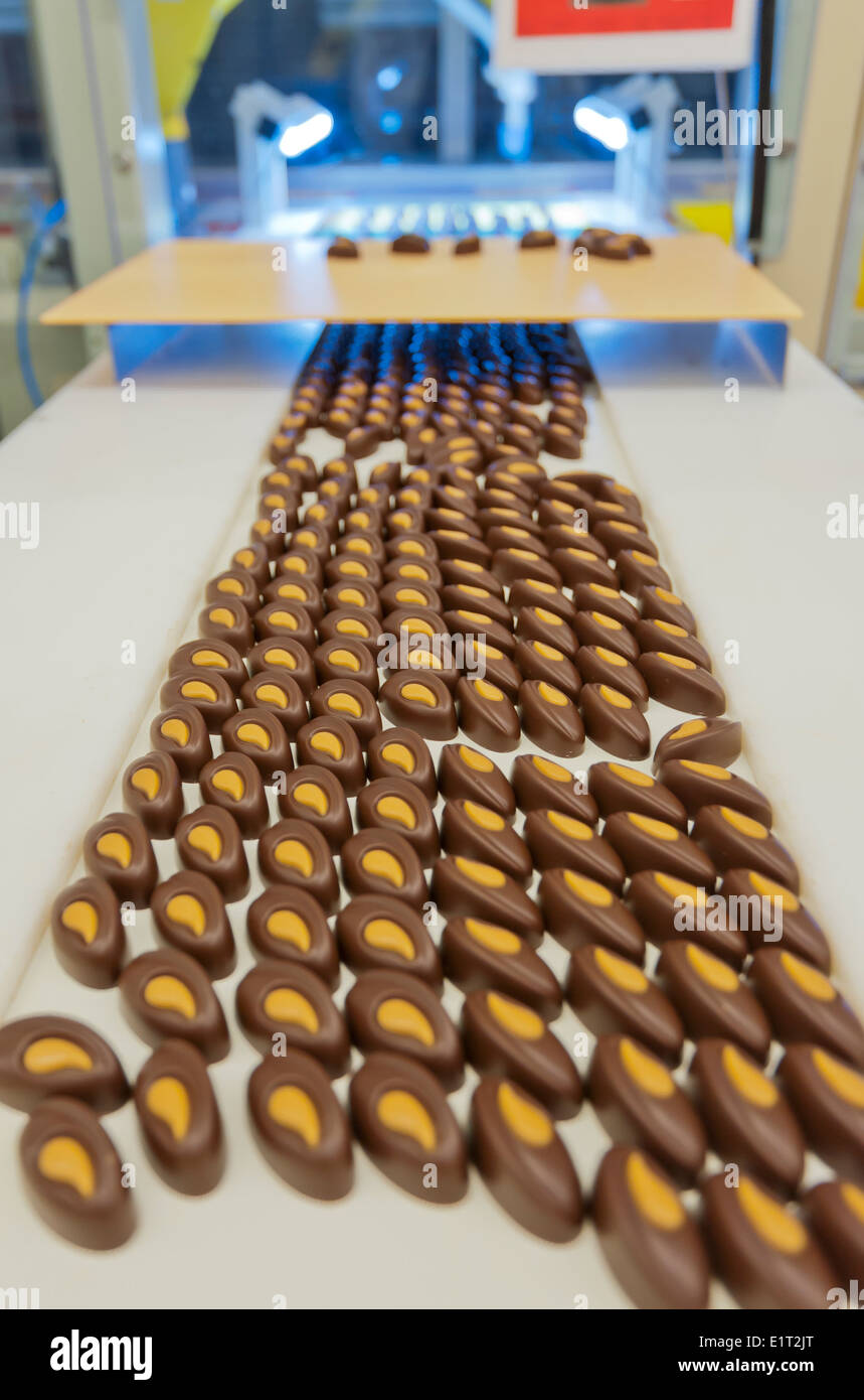 Chocolate candies are moved into an automatic candy packaging robot at ...