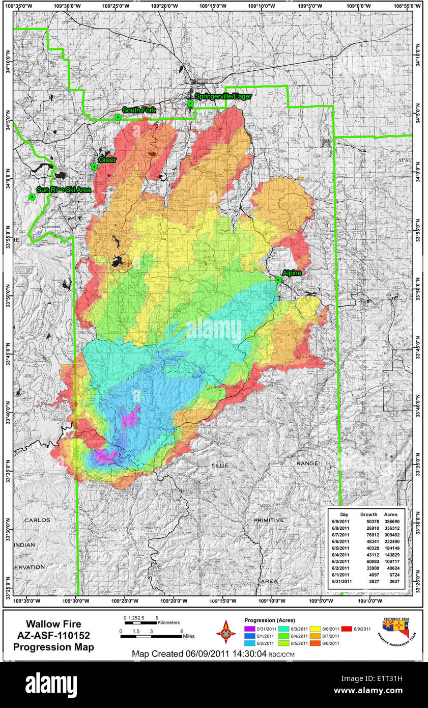 This map shows the progression of the Wallow Fire as of June 9, 2011 ...