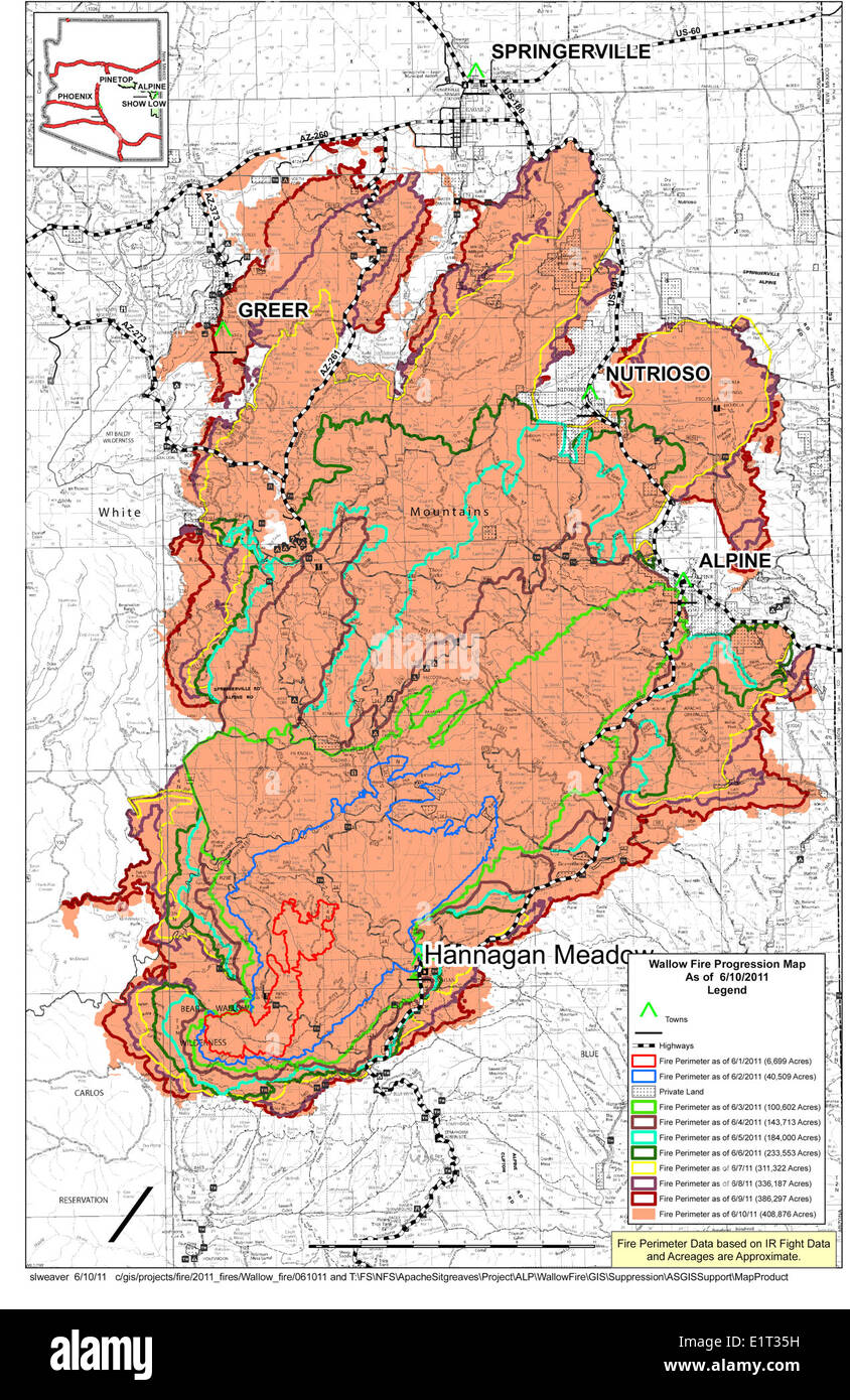 The progression map from June 10 details the spread of the Wallow Fire ...