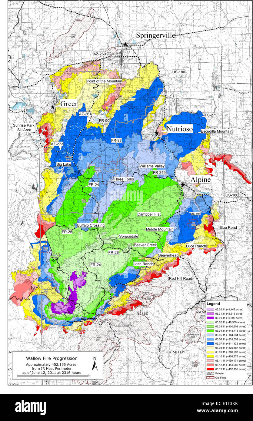 A progression map from June 13 shows the spread of the Wallow Fire in ...