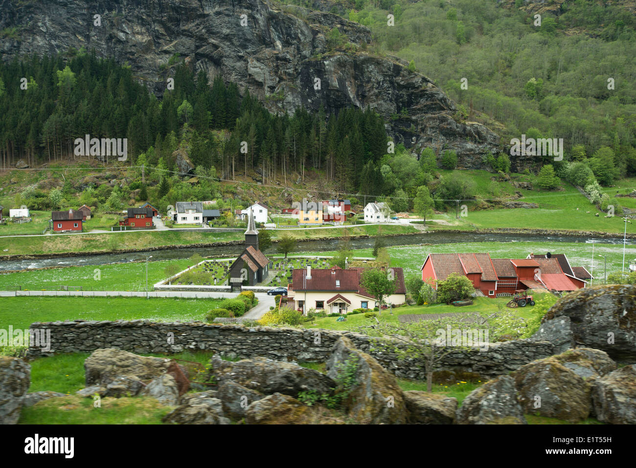 Flam church, near Flam, Norway. View from the Flamsbana Railway Stock ...