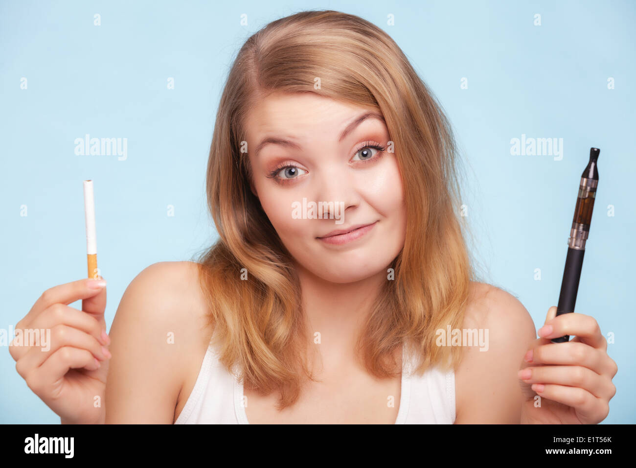 Addiction. Confused woman addicted girl choosing between traditional ...