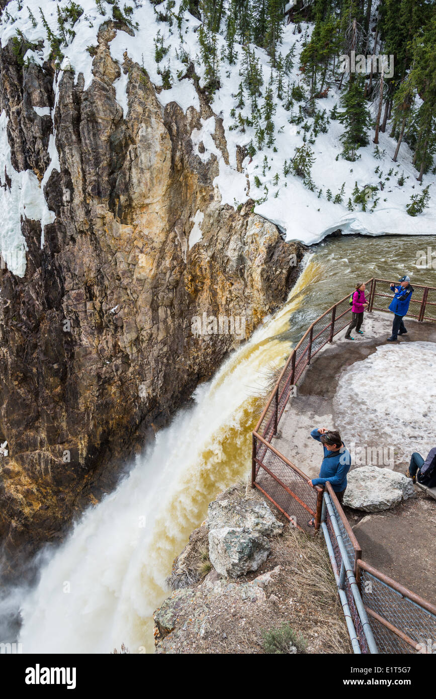 Visitors at a platform by the Lower Falls. Yellowstone National Park ...