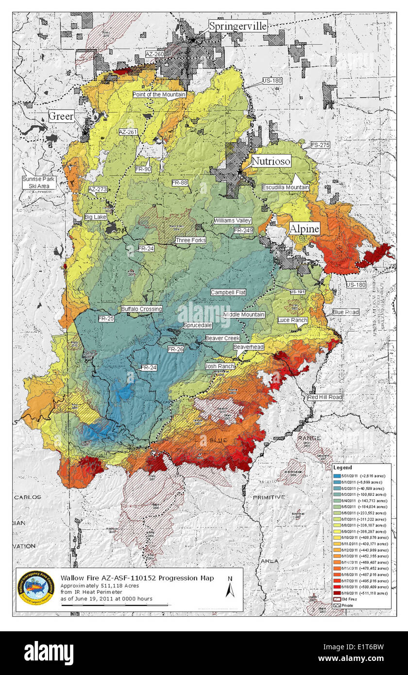 The progression map of the Wallow Fire, which started on June 19, 2011 ...