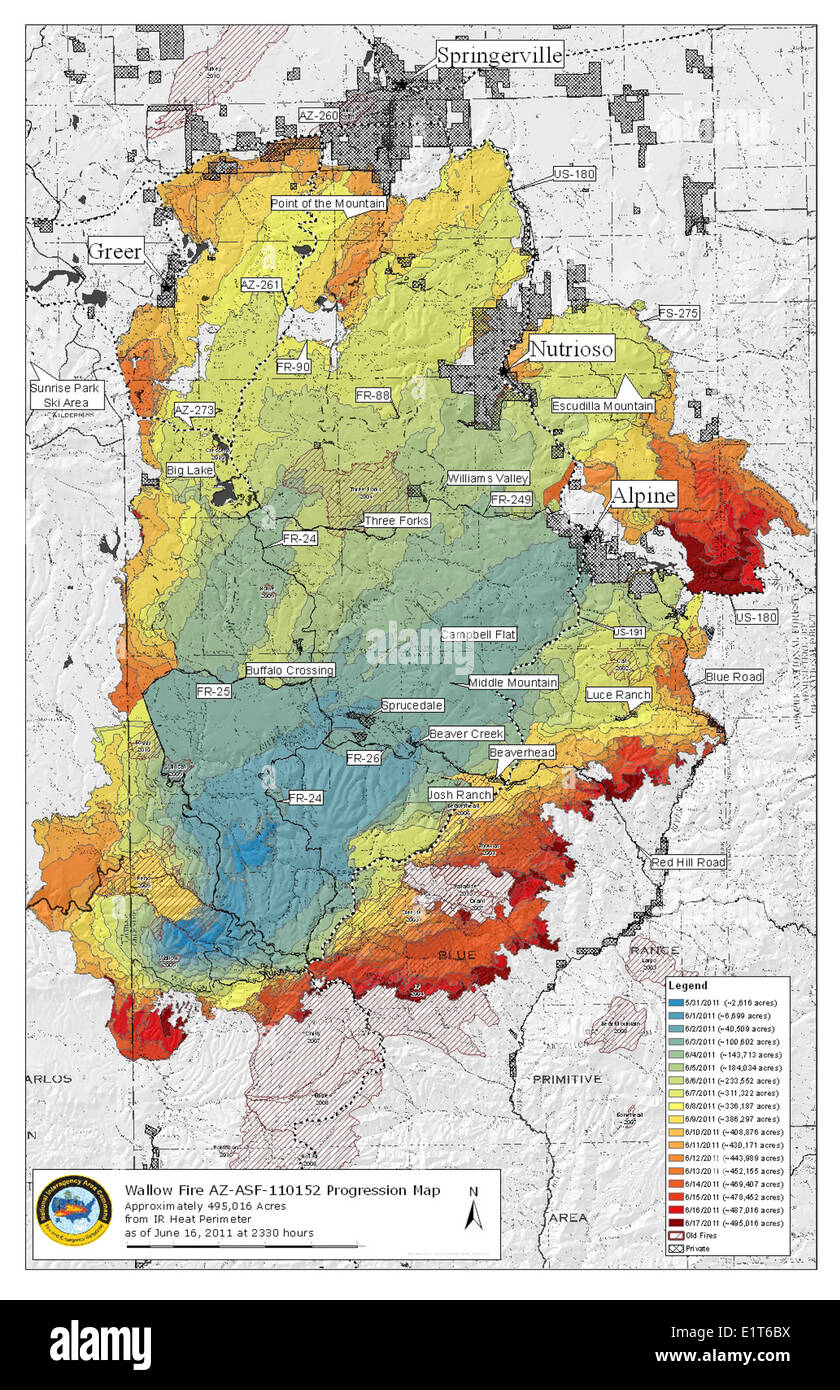 This map shows the progression of the Wallow Fire in the Apache ...