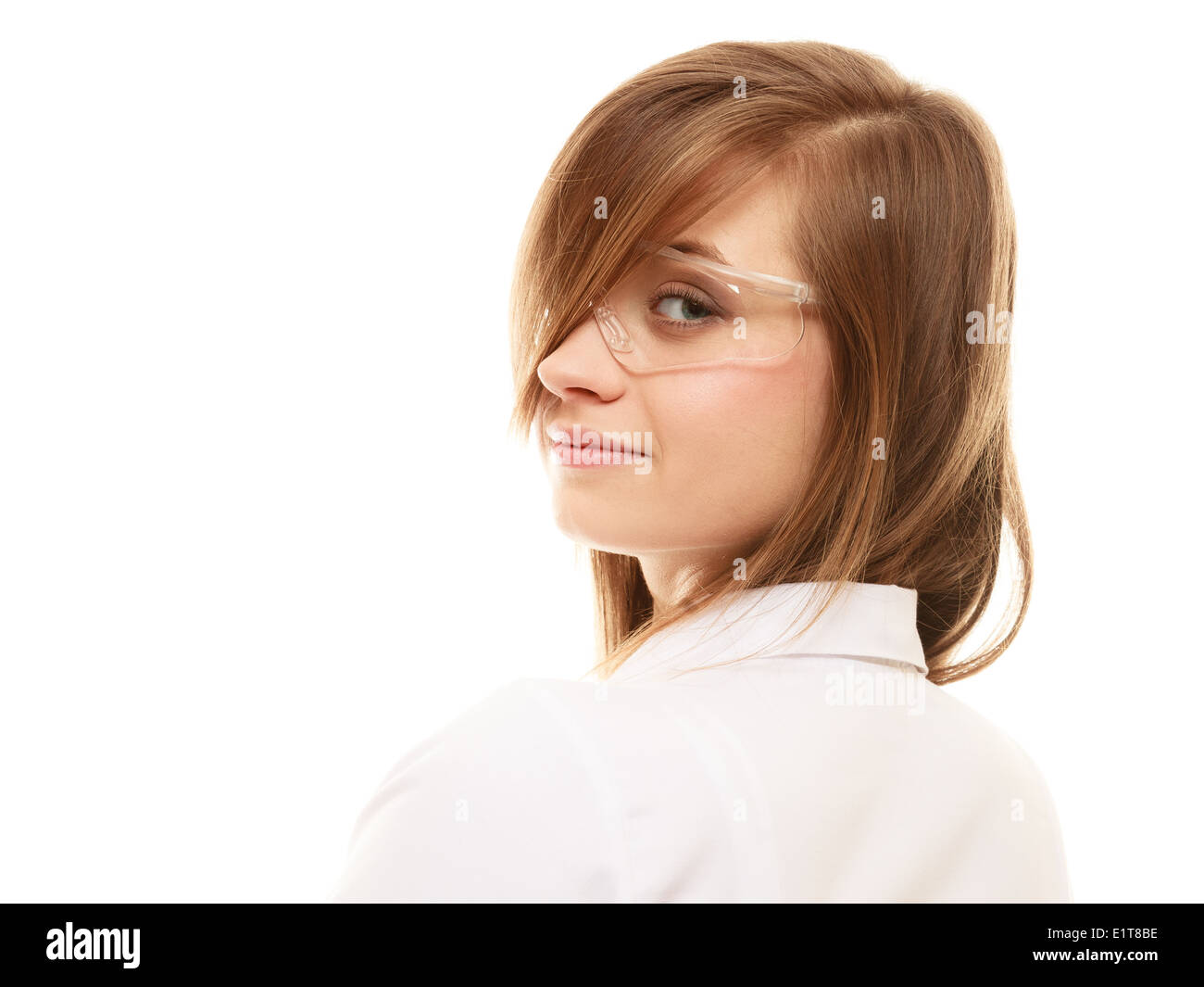 Laboratory. Chemist woman in goggles glasses isolated Stock Photo - Alamy