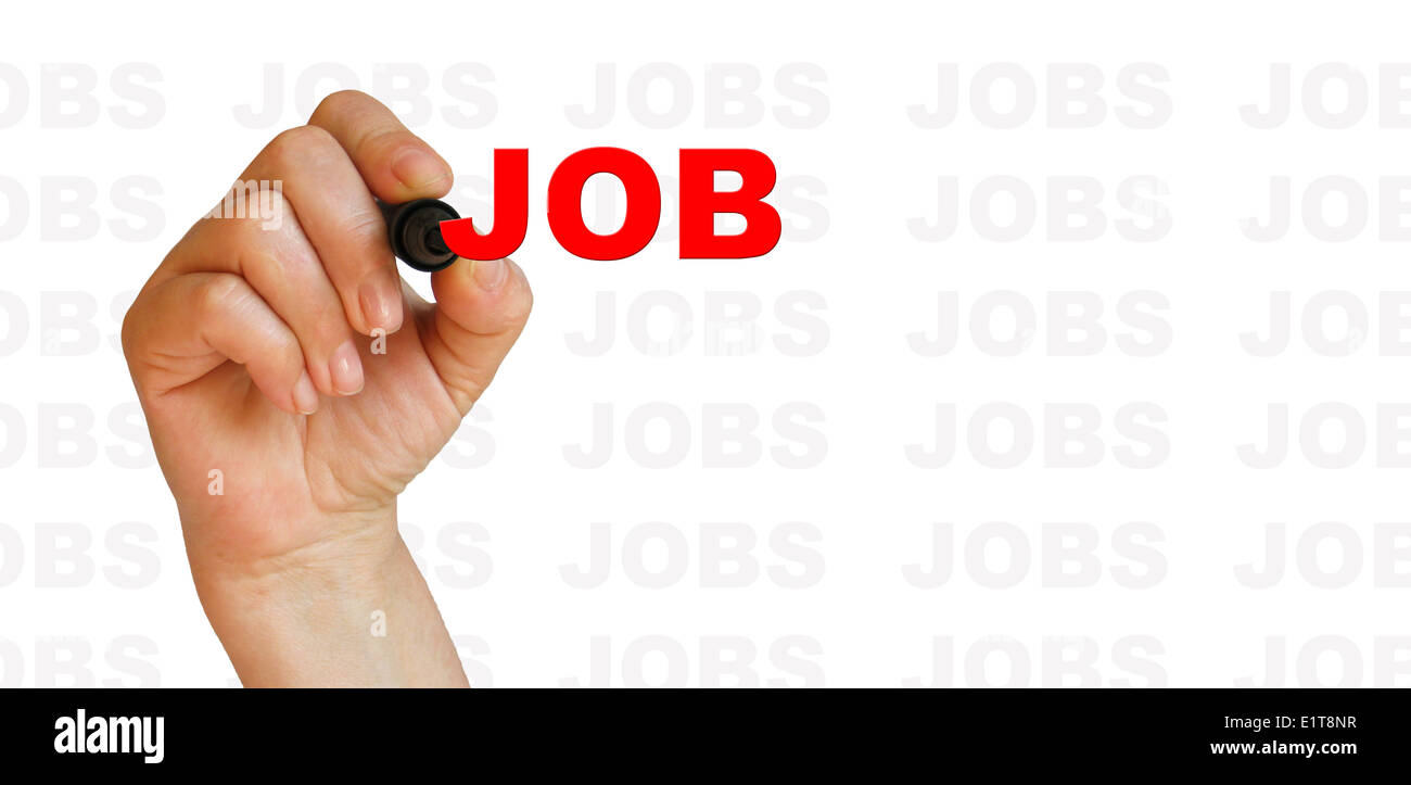 Hand writing Job with red marker on white background with words jobs ...
