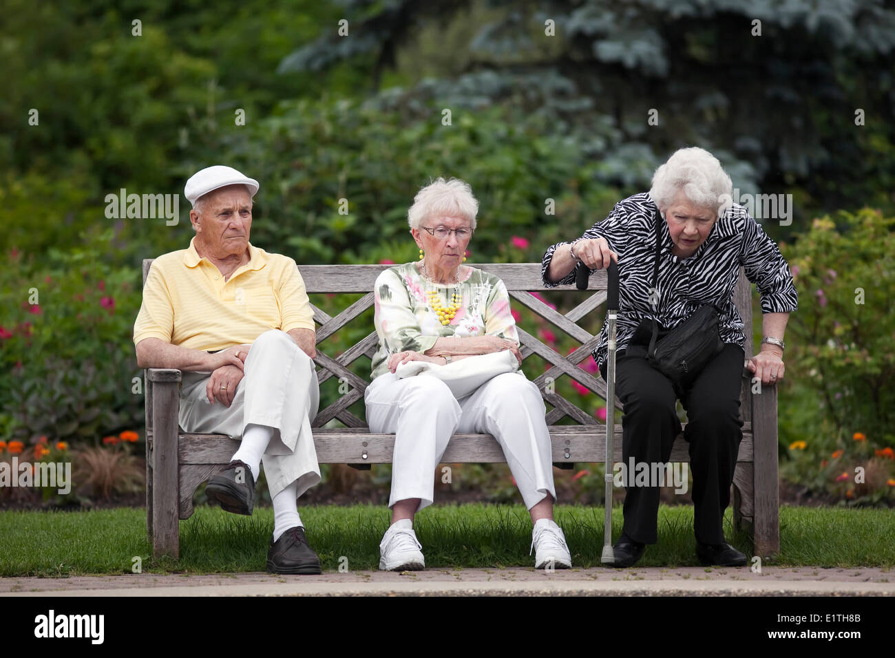 Seniors sitting on park bench, Assiniboine Park, Winnipeg, Manitoba ...