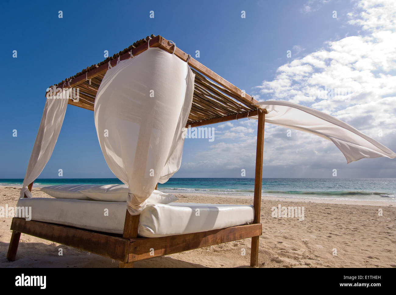 Sun bed on beach, Tulum Beach, Quintana Roo, Mexico Stock Photo - Alamy