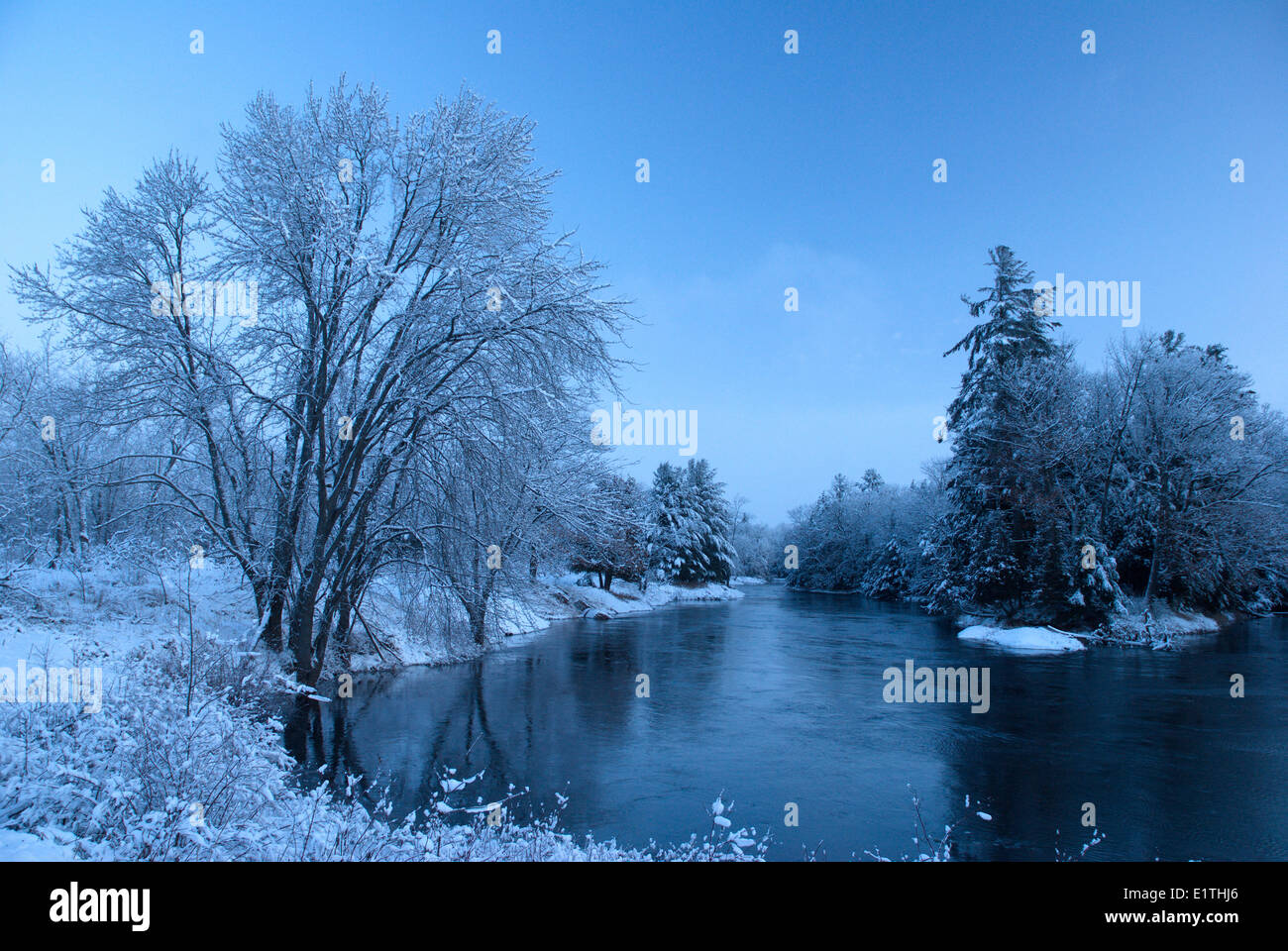 Early Winter Snowfall on the Black River, Muskoka, Ontario Stock Photo ...