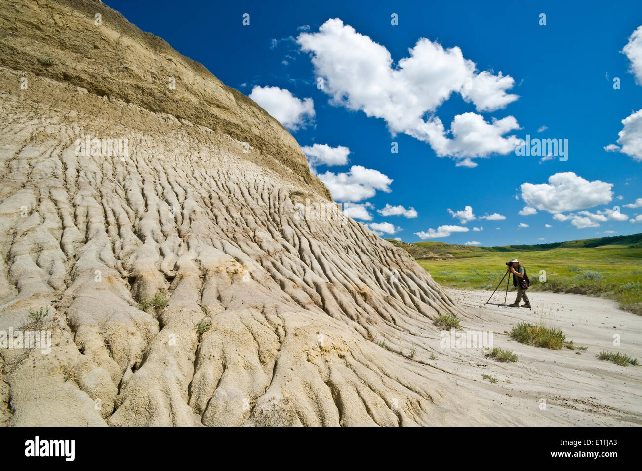 photographing a butte formed by weathering, Killdeer Badlands, East ...