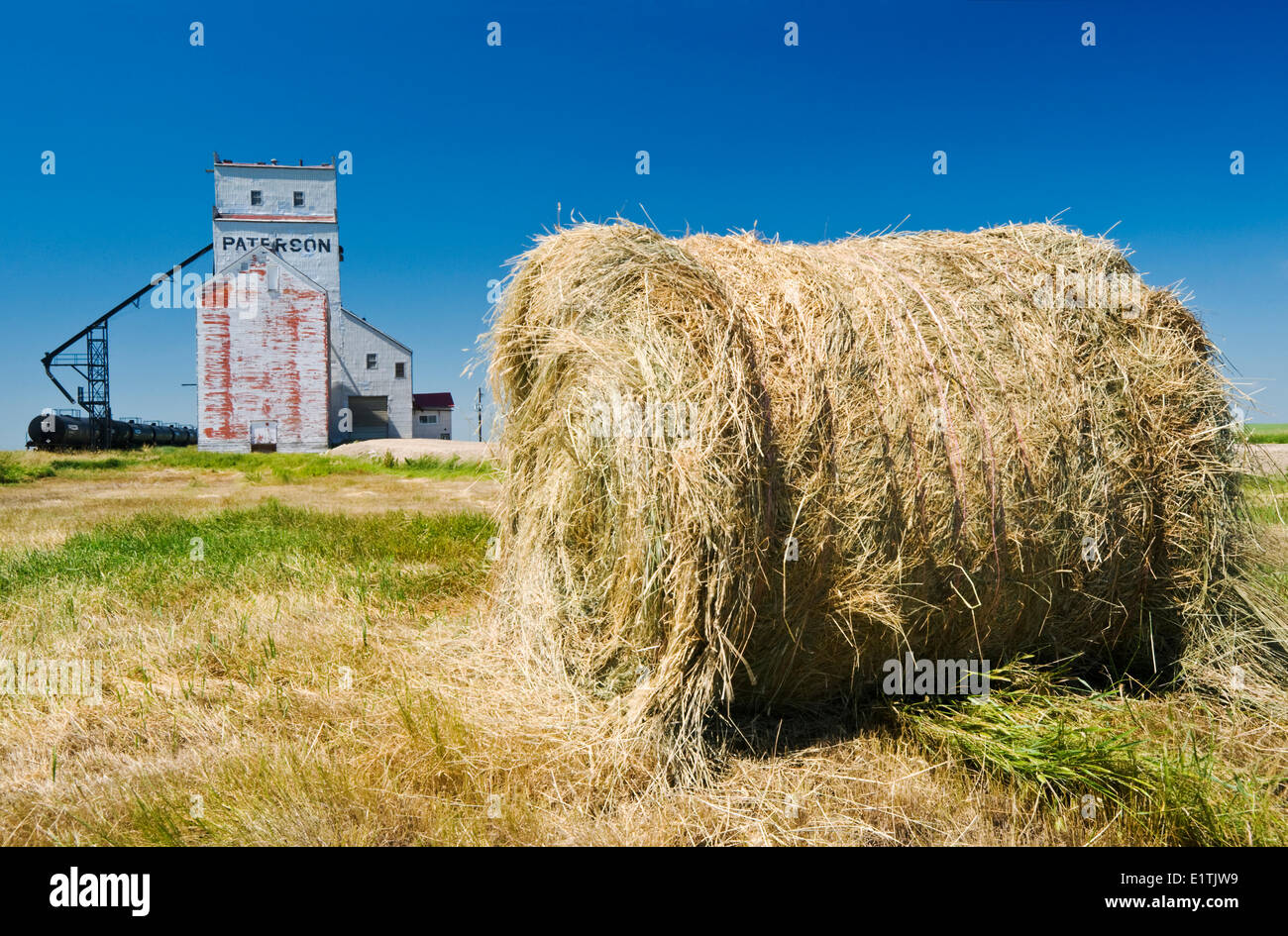 field with round hay bale and old grain elevator, Prelate, Saskatchewan ...