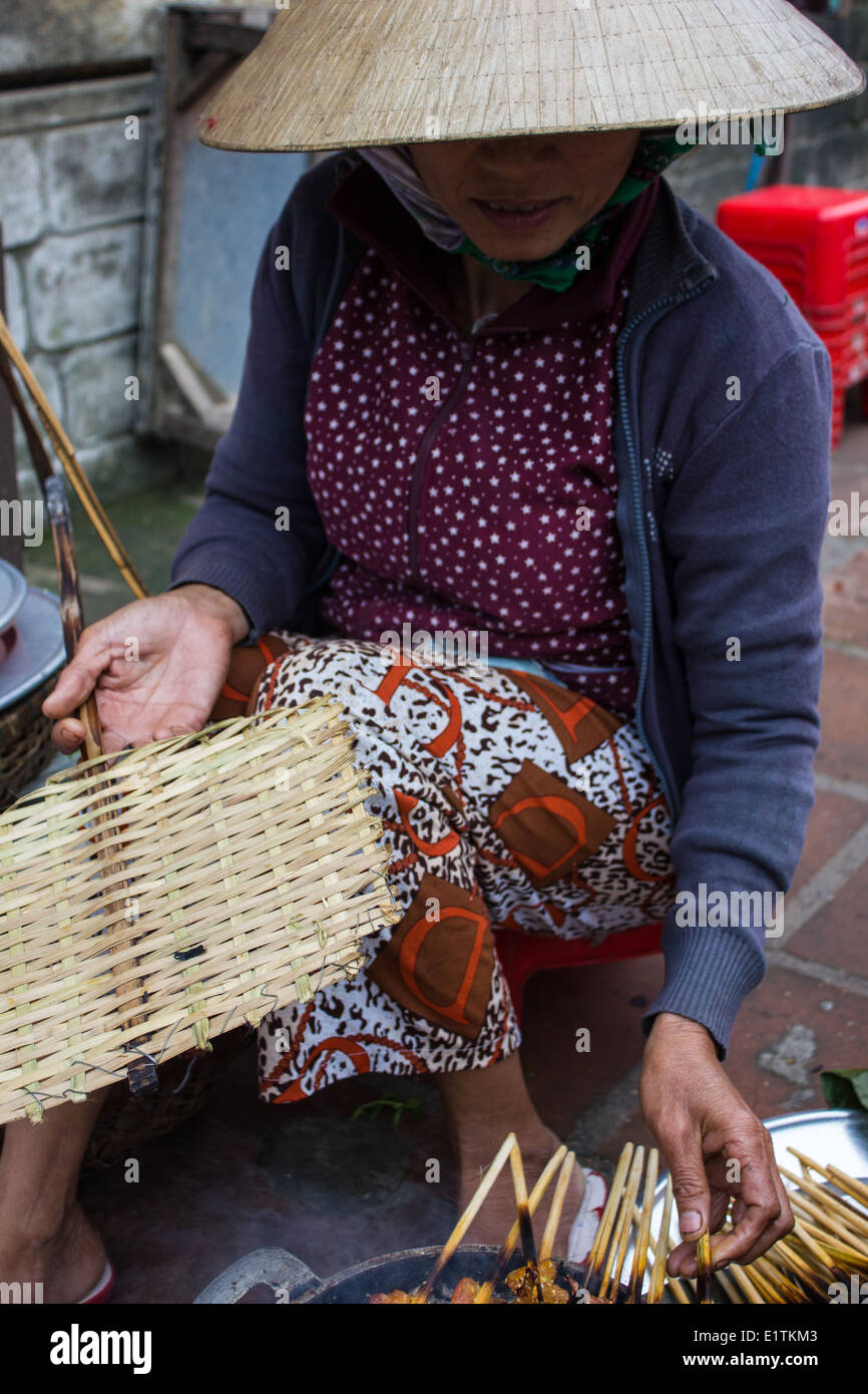 A lady cooks chicken on wooden skewers in the street of Hoi An, Vietnam ...