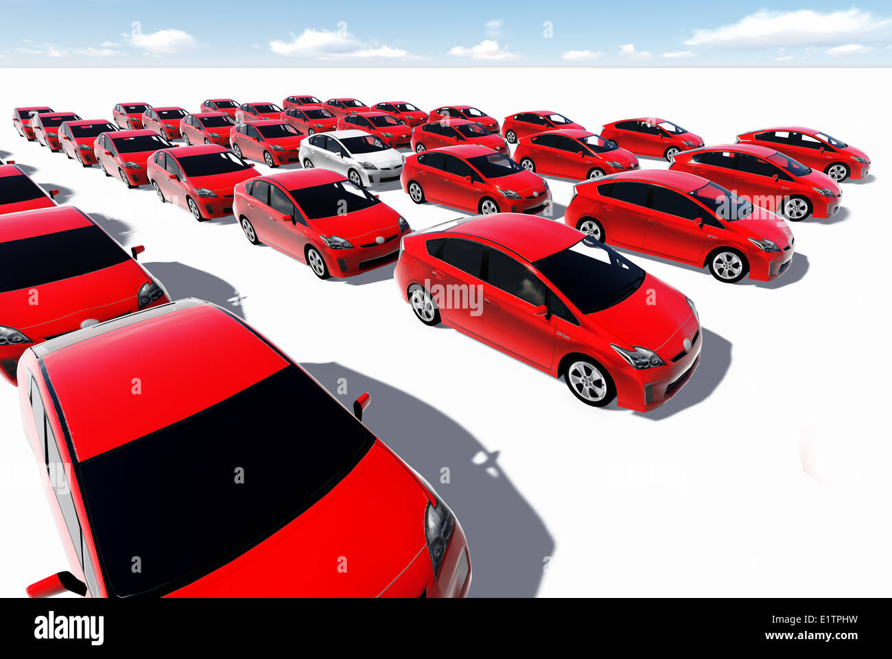 Hundreds of red cars, One white made in 3d software Stock Photo - Alamy