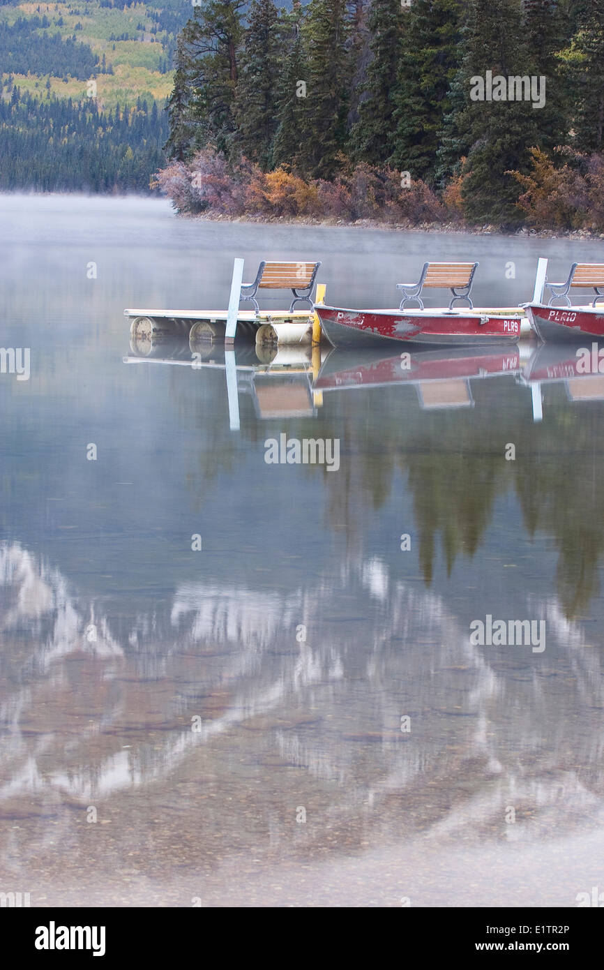 Benches on boat dock at Pyramid Lake, Jasper National Park, Alberta ...