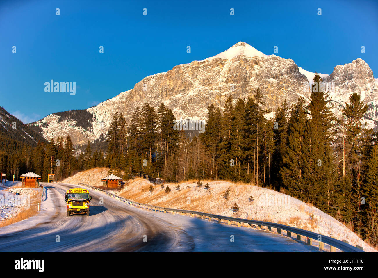 School bus on road in front of Mount Lawrence Grassi, Canmore, Alberta ...