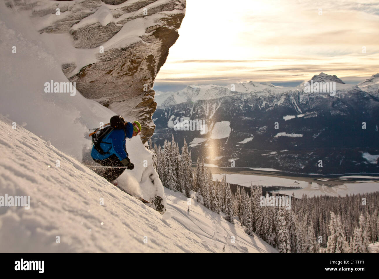 A male skier sprays a powder turn in the Revelstoke Mountain Resort ...