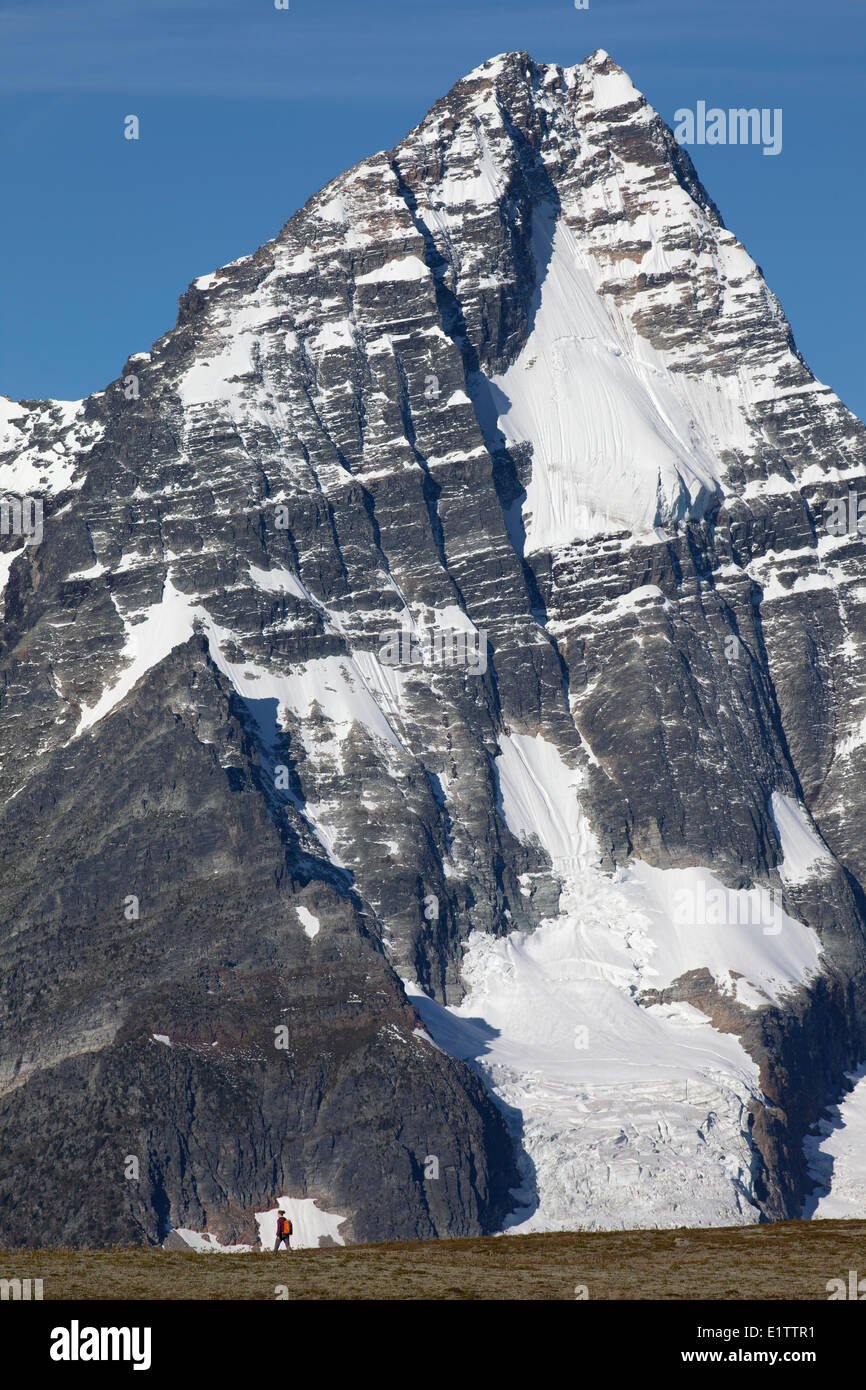 Hiker and Mount Sir Donald, Selkirk Mountains, Glacier National Park ...