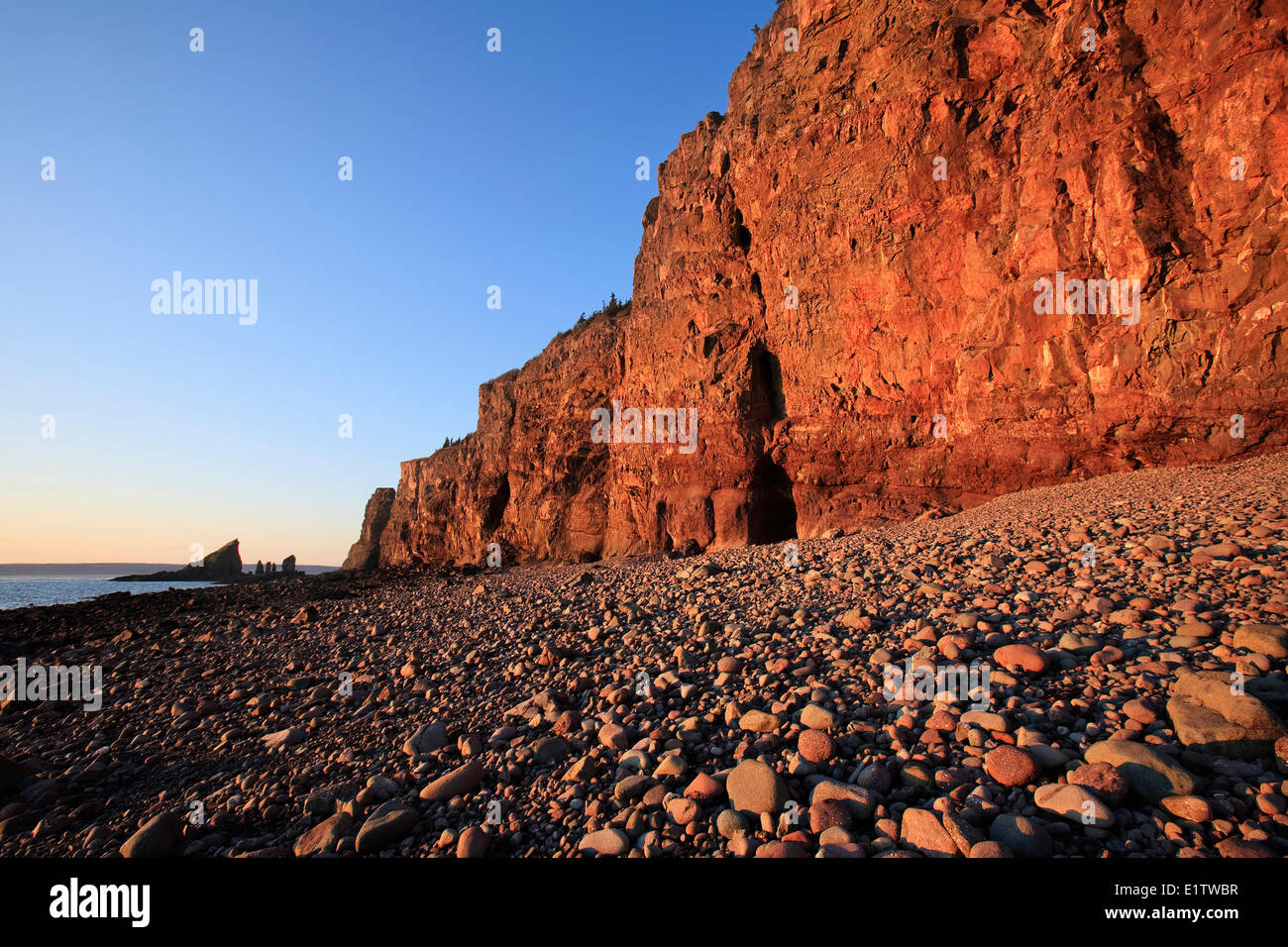 Rugged shoreline along the Cape Split peninsula, seen at low tide and ...