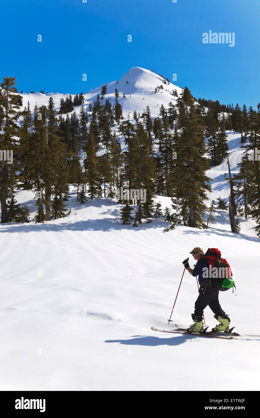 A skier ascends the trail to Edwards Lake cabin enroute to Mt. Steele ...