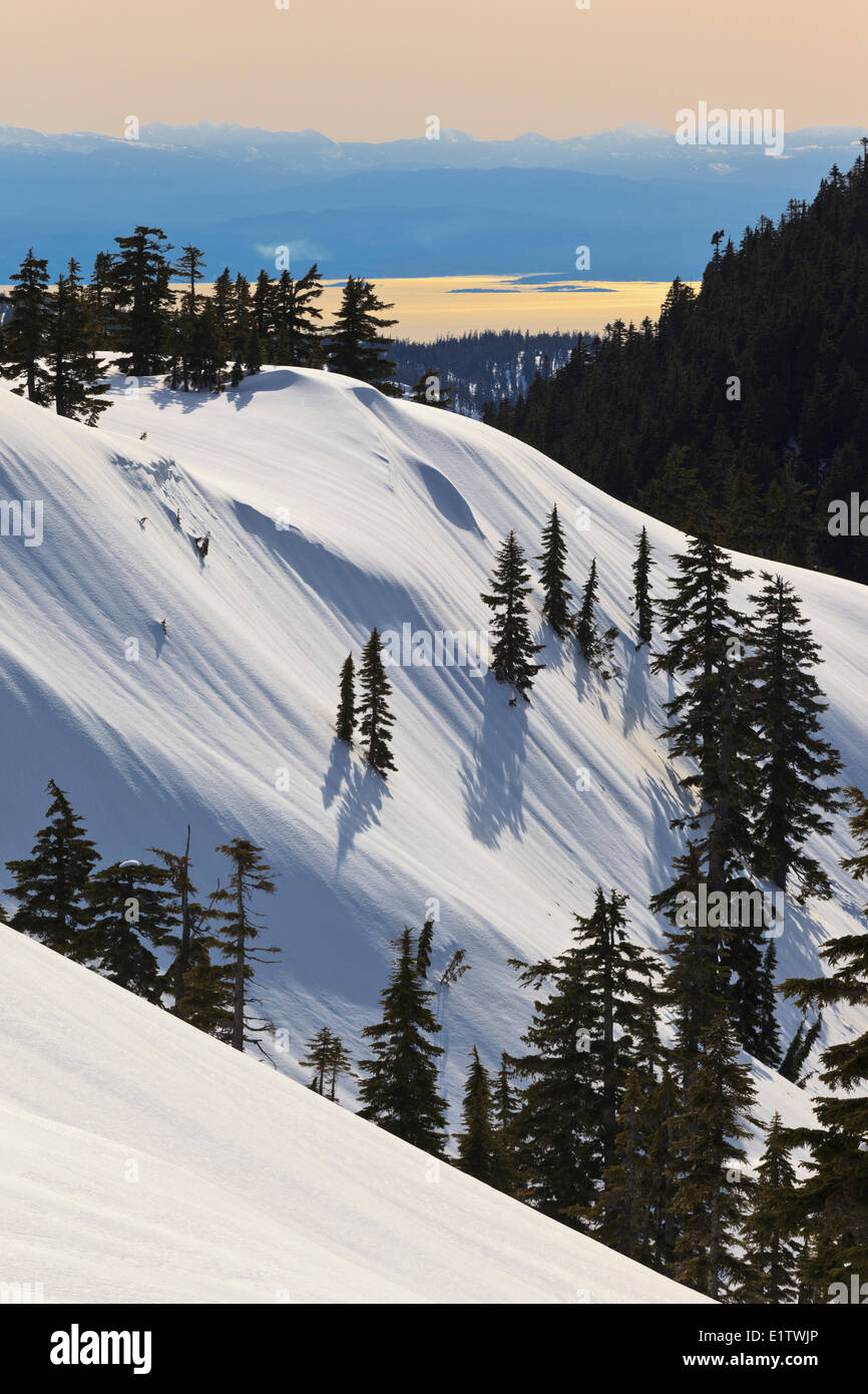 Evening light warms the slopes near Mt. Steele cabin in Tetrahedron ...