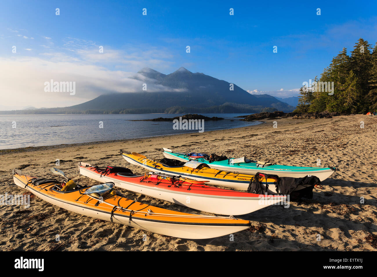 Kayaks line the beach on Vargas Island with the Cat Face Range in the ...