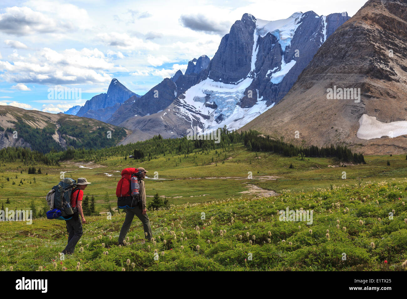 Two backpackers approach Wolverine Pass with the Rockwall Tumbling ...