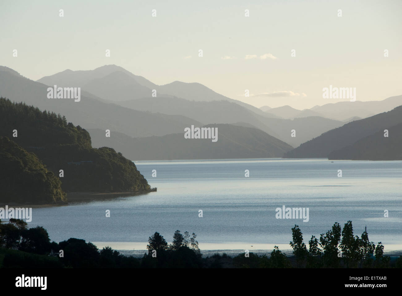 Sea and hills, Mahau Sound, Marlborough Sounds, South Island, New ...