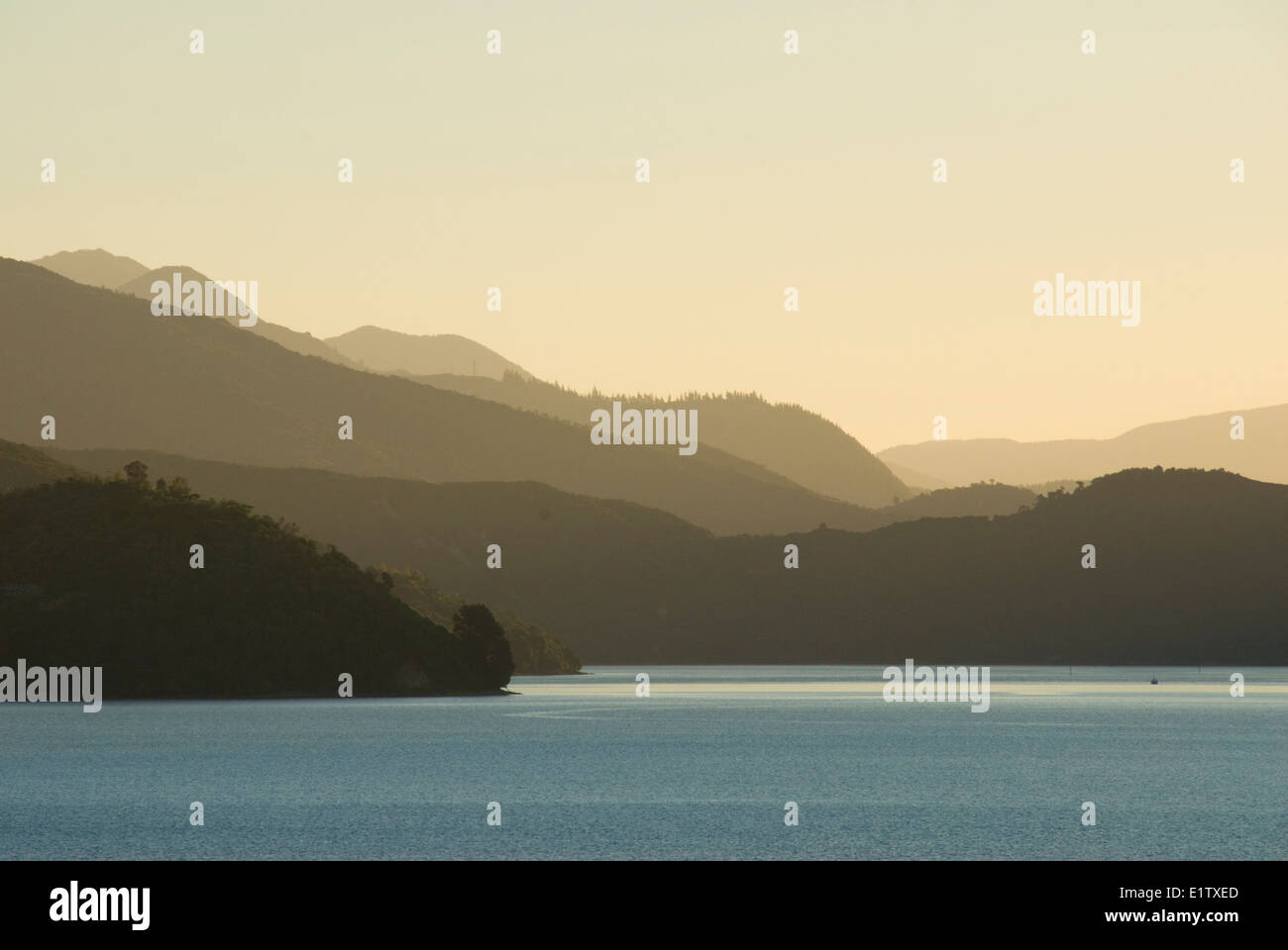Sea and hills, Mahau Sound, Marlborough Sounds, South Island, New ...