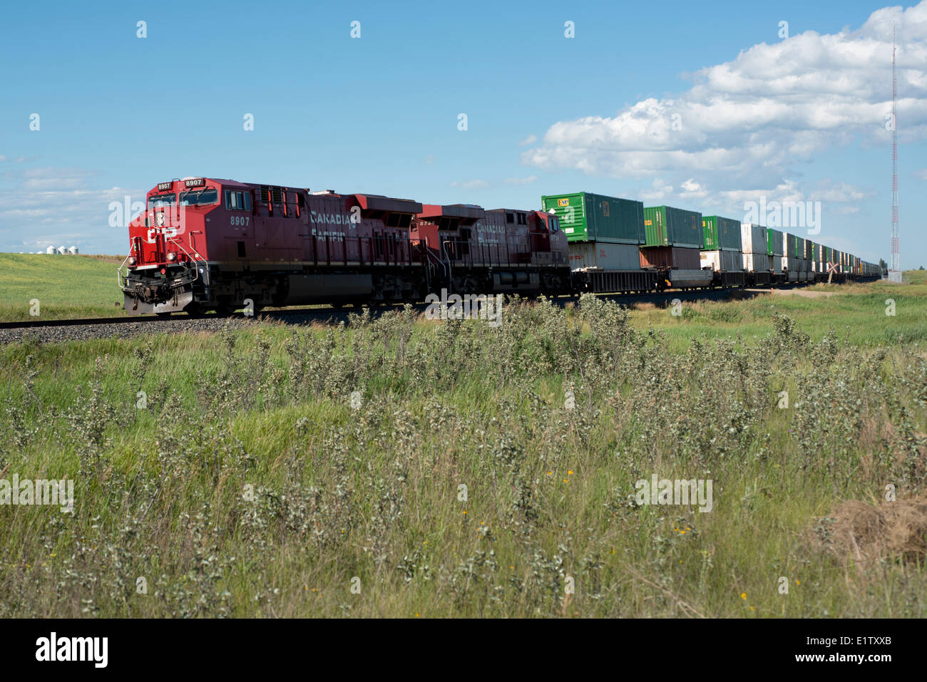 A Canadian Pacific (CP) container train travels westbound near Ernfold ...