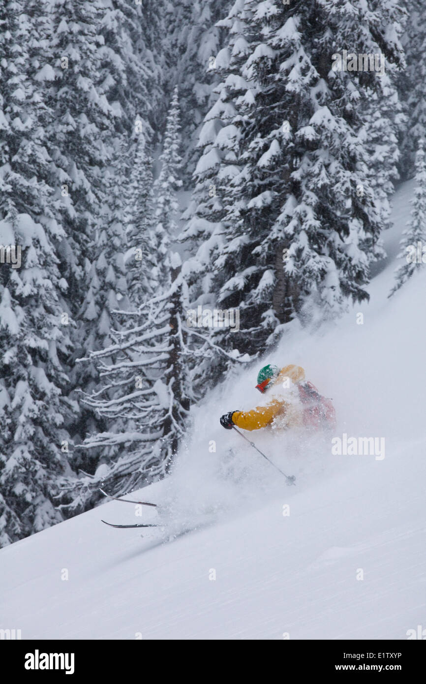 A man skiing deep powder while backcountry skiing at Sol Mountain ...