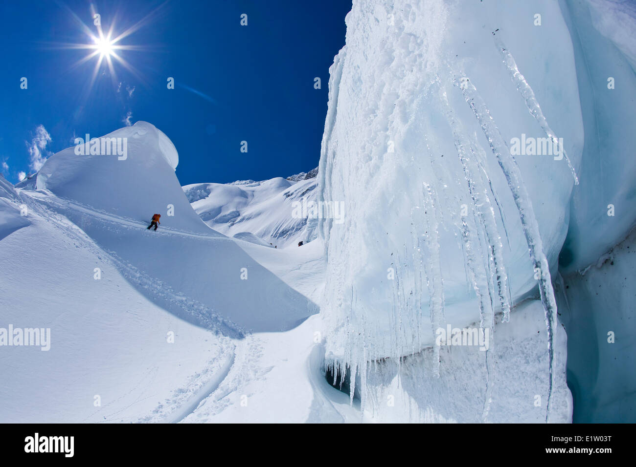 A backcountry skier touring up a heavily crevassed glacier at Icefall ...