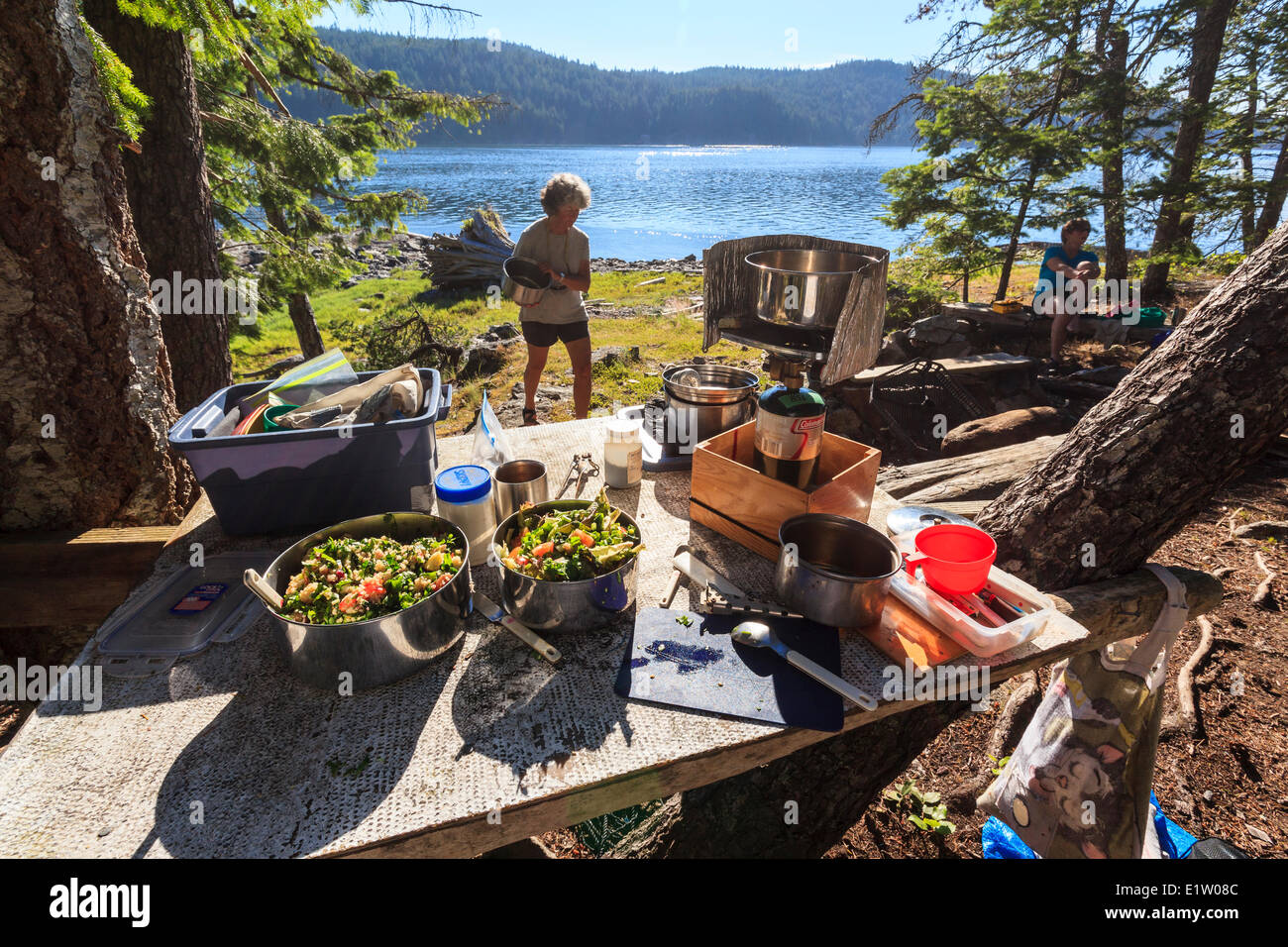Kayakers prepare dinner at Freedom point on Read Island located between ...