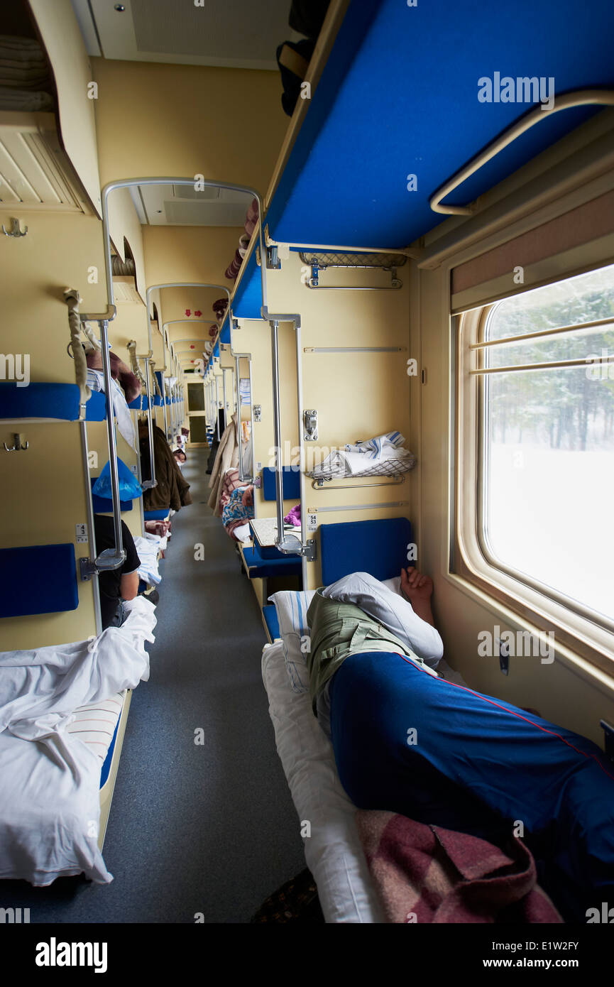 Russia, Trans-Siberian train in Siberia, passengers traveling up to ...